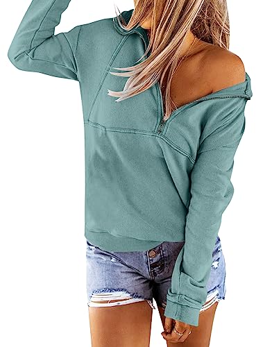 PGANDS Women's Hoodies Half Zip Fleece Sweatshirts Long Sleeve Lined Collar Zipper Loose Casual Hooded Pullover Tops Teal