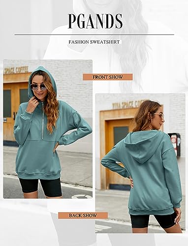 PGANDS Women's Hoodies Half Zip Fleece Sweatshirts Long Sleeve Lined Collar Zipper Loose Casual Hooded Pullover Tops Teal