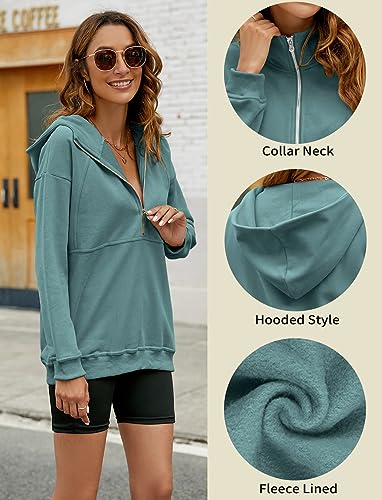 PGANDS Women's Hoodies Half Zip Fleece Sweatshirts Long Sleeve Lined Collar Zipper Loose Casual Hooded Pullover Tops Teal