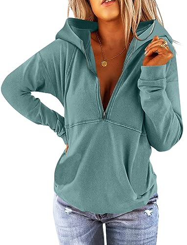 PGANDS Women's Hoodies Half Zip Fleece Sweatshirts Long Sleeve Lined Collar Zipper Loose Casual Hooded Pullover Tops Teal