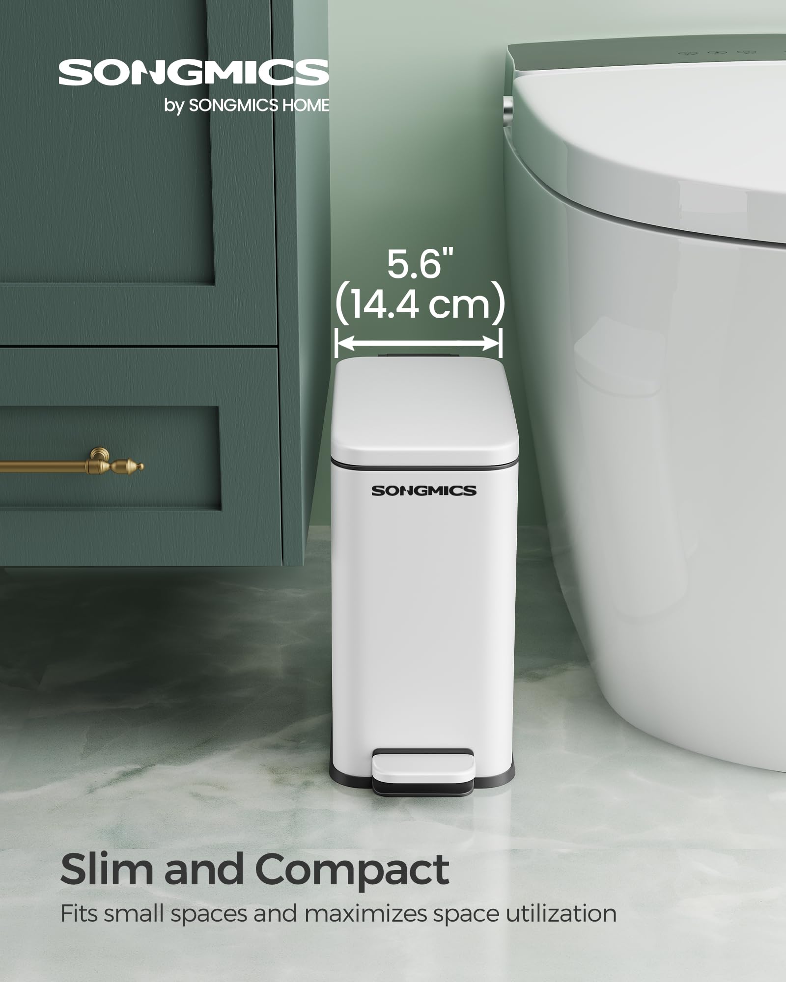 SONGMICS Bathroom Trash Can, 1.3 Gallon (5 L) Small Trash Bin with Lid, Slim for Small Spaces, Stainless Steel Garbage Can, Soft Close, White ULTB560W05