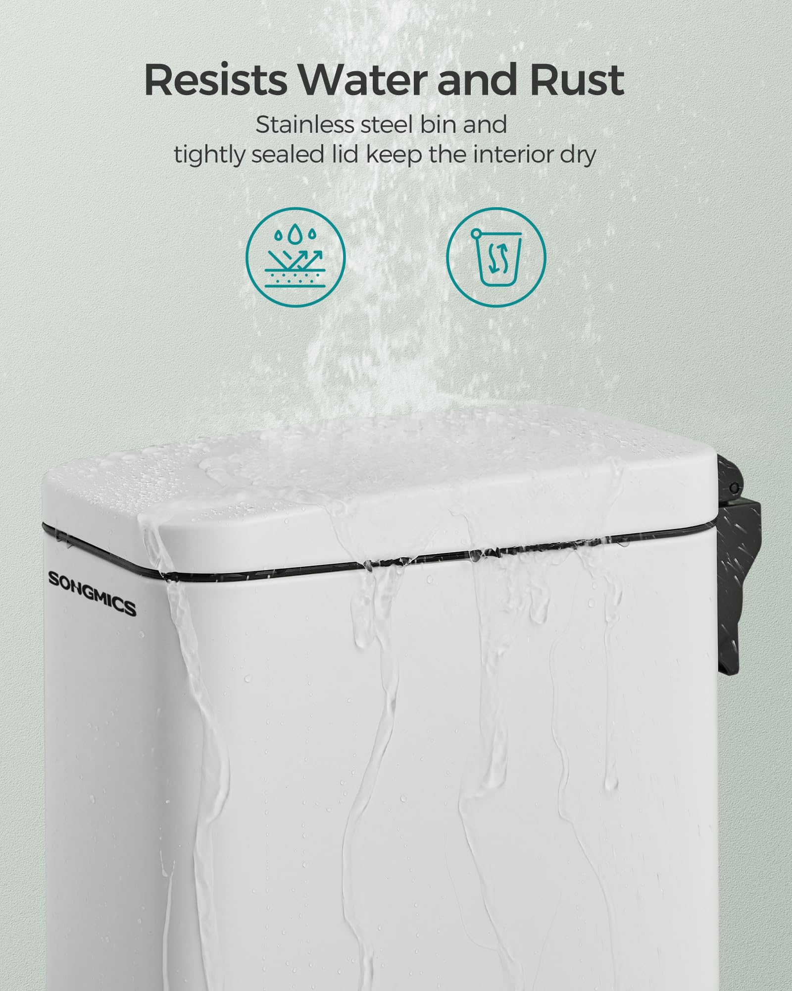 SONGMICS Bathroom Trash Can, 1.3 Gallon (5 L) Small Trash Bin with Lid, Slim for Small Spaces, Stainless Steel Garbage Can, Soft Close, White ULTB560W05