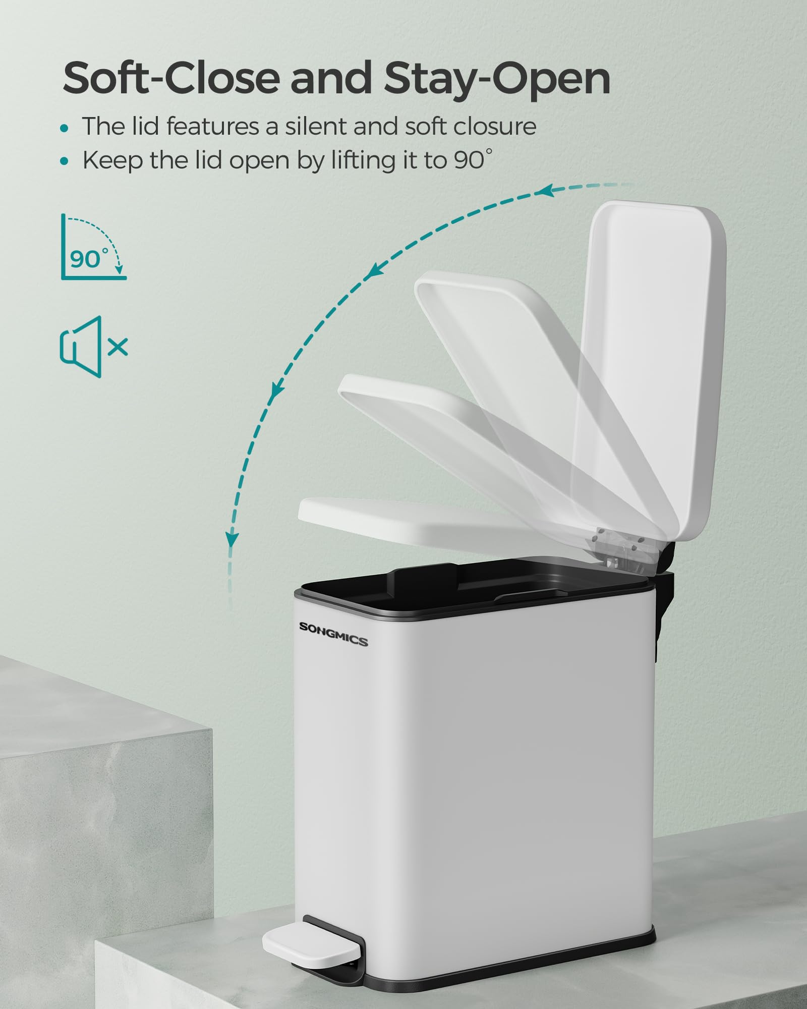 SONGMICS Bathroom Trash Can, 1.3 Gallon (5 L) Small Trash Bin with Lid, Slim for Small Spaces, Stainless Steel Garbage Can, Soft Close, White ULTB560W05
