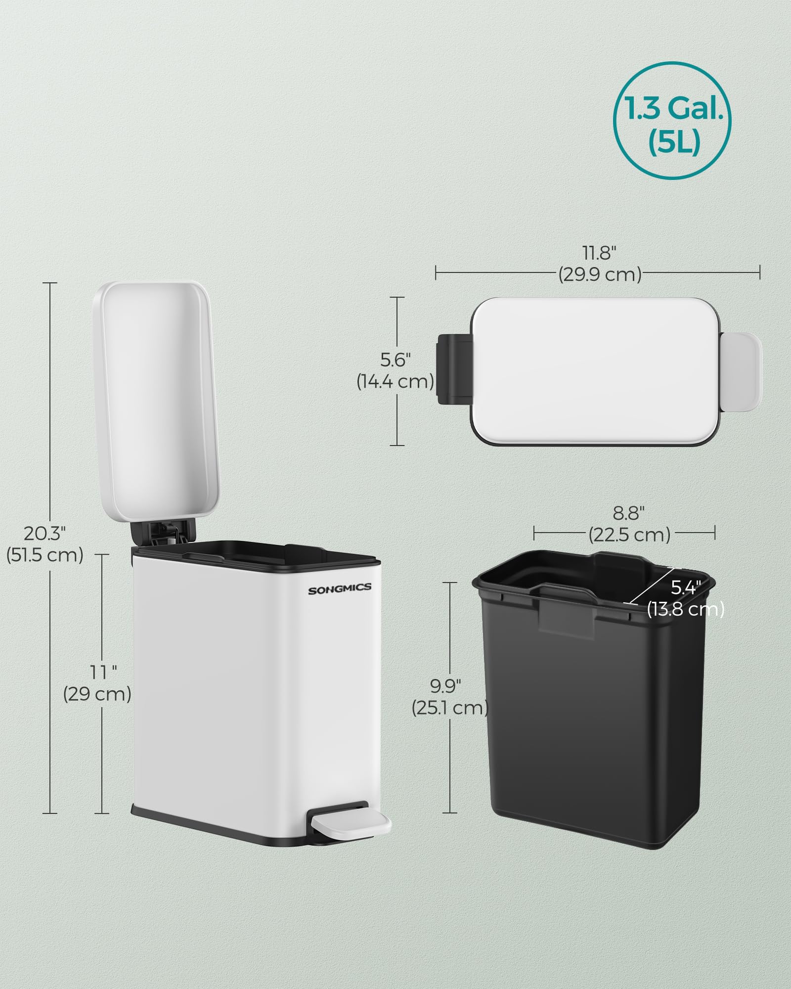 SONGMICS Bathroom Trash Can, 1.3 Gallon (5 L) Small Trash Bin with Lid, Slim for Small Spaces, Stainless Steel Garbage Can, Soft Close, White ULTB560W05