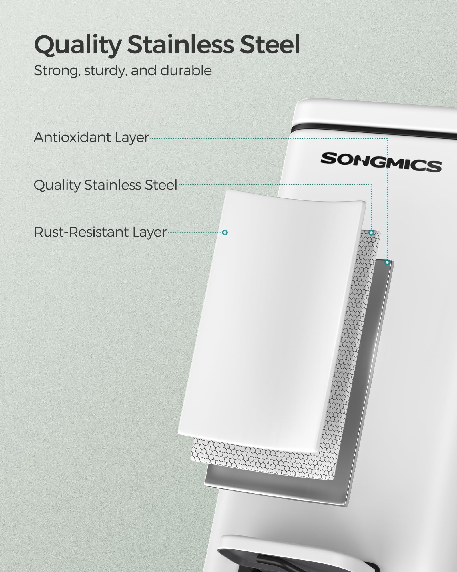 SONGMICS Bathroom Trash Can, 1.3 Gallon (5 L) Small Trash Bin with Lid, Slim for Small Spaces, Stainless Steel Garbage Can, Soft Close, White ULTB560W05