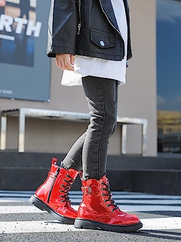DADAWEN Boys Girls Glitter Ankle Boots Lace Up Waterproof Combat Boot With Side Zipper (Toddler/Little Kid/Big Kid) Red Glitter US Size 13 M Little Kid