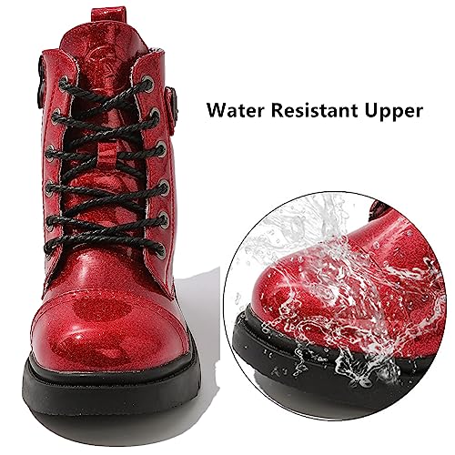 DADAWEN Boys Girls Glitter Ankle Boots Lace Up Waterproof Combat Boot With Side Zipper (Toddler/Little Kid/Big Kid) Red Glitter US Size 13 M Little Kid