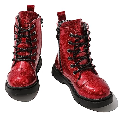 DADAWEN Boys Girls Glitter Ankle Boots Lace Up Waterproof Combat Boot With Side Zipper (Toddler/Little Kid/Big Kid) Red Glitter US Size 13 M Little Kid