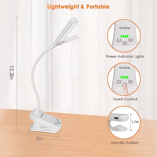 Book Light for Reading in Bed, Clip on Reading Light 14 LED Rechargeable Portable Night Bookmark Lamp for Kids 80 Hrs Runtime Amber Eye Caring Booklight - 3 Color Temp & Stepless Dimming (White)