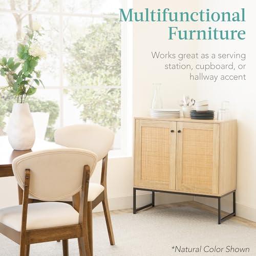 Best Choice Products 2-Door Rattan Storage Cabinet, Accent Furniture, Multifunctional Cupboard for Living Room, Hallway, Kitchen, Sideboard, Buffet Table w/Non-Scratch Foot Pads - White
