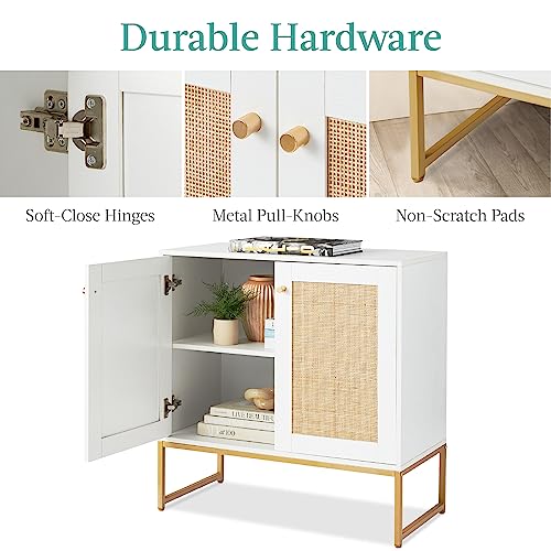 Best Choice Products 2-Door Rattan Storage Cabinet, Accent Furniture, Multifunctional Cupboard for Living Room, Hallway, Kitchen, Sideboard, Buffet Table w/Non-Scratch Foot Pads - White