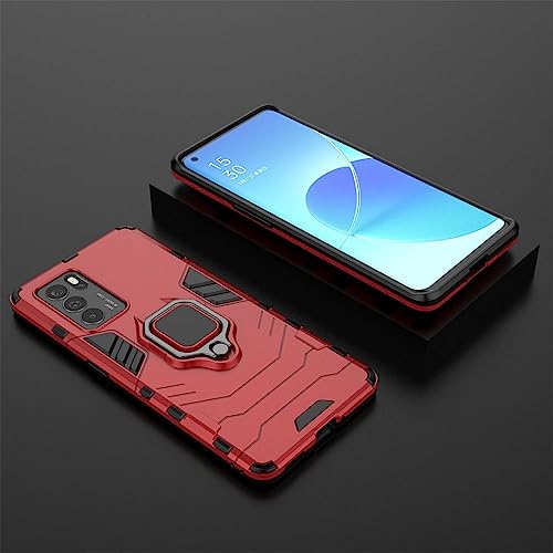 SATURCASE Case for Oppo Reno 6 Pro 5G, Ring Kickstand Hybrid 2 in 1 [PC & Silicone] Dual-Layer Bumper Shockproof Protective Cover for Oppo Reno 6 Pro 5G (HZ-Red)