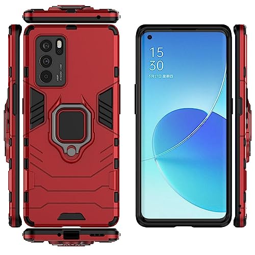 SATURCASE Case for Oppo Reno 6 Pro 5G, Ring Kickstand Hybrid 2 in 1 [PC & Silicone] Dual-Layer Bumper Shockproof Protective Cover for Oppo Reno 6 Pro 5G (HZ-Red)