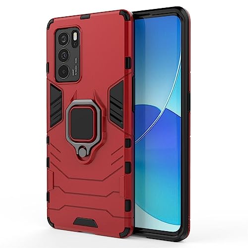 SATURCASE Case for Oppo Reno 6 Pro 5G, Ring Kickstand Hybrid 2 in 1 [PC & Silicone] Dual-Layer Bumper Shockproof Protective Cover for Oppo Reno 6 Pro 5G (HZ-Red)