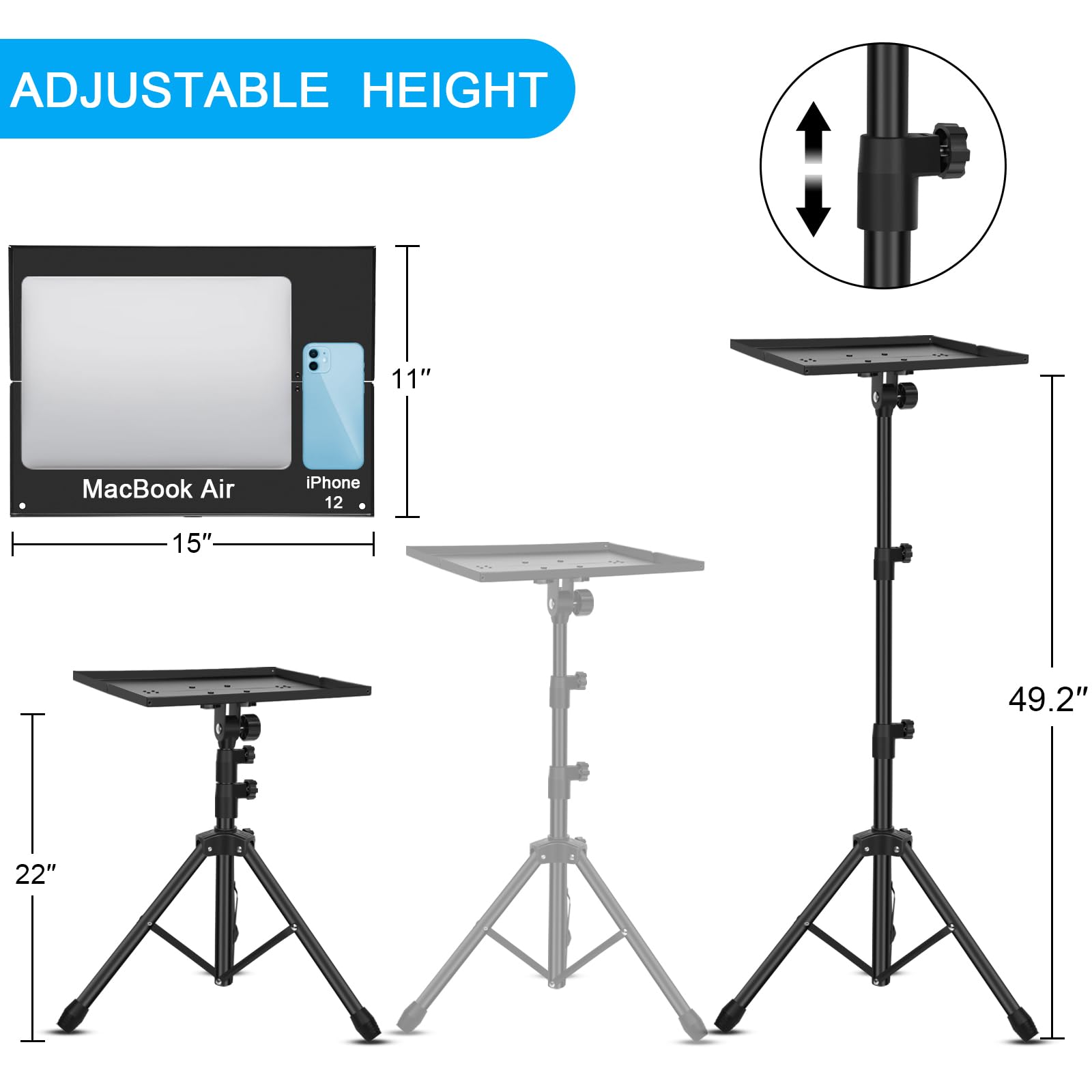Borrow Sky Projector Stand, Portable Laptop Stand Adjustable Height from 22” to 49.2”, 15” x 11.2” Tray, 180 Degrees Tilting, Projector Tripod Stand for Office, Home, Stage, DJ Rack, Carry Bag