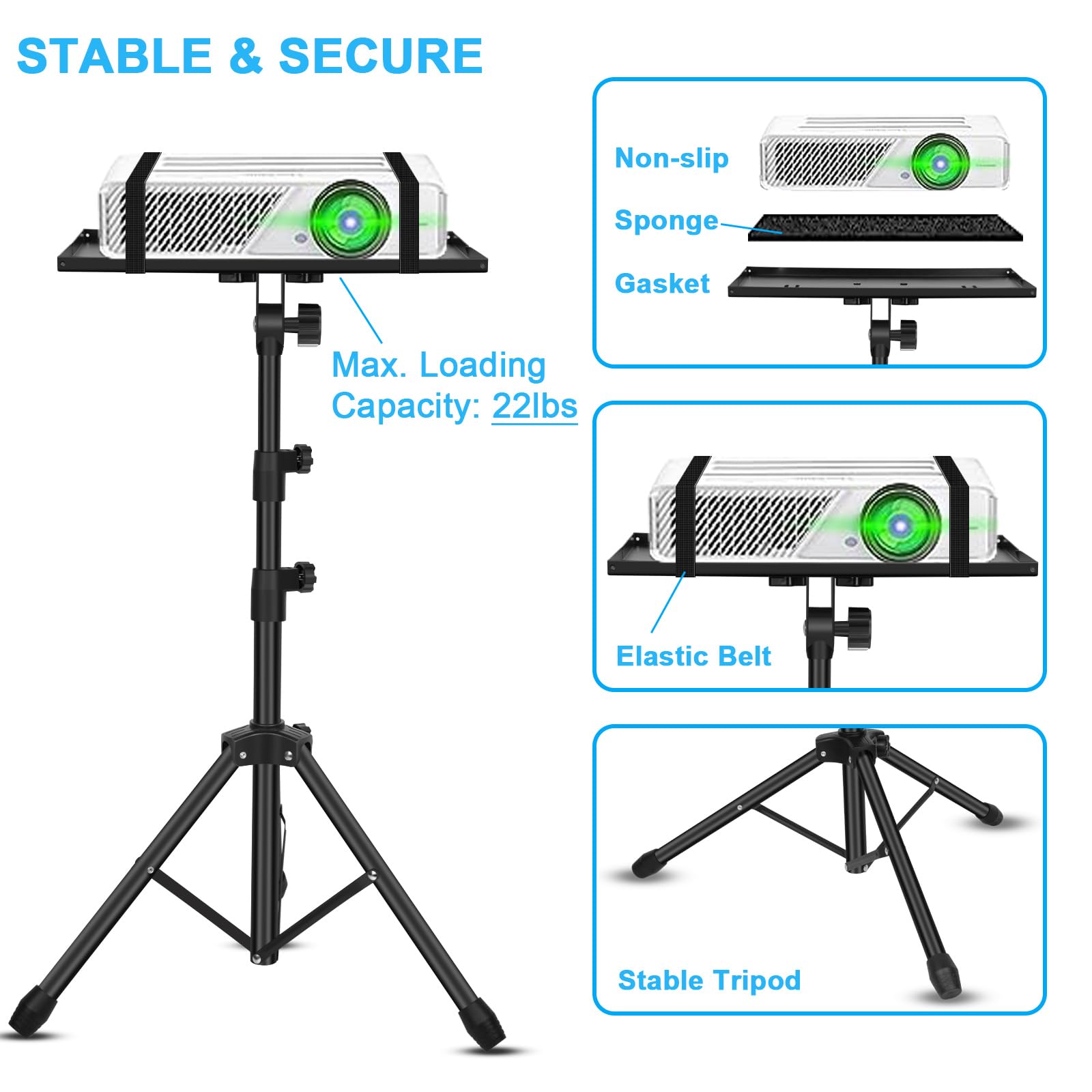 Borrow Sky Projector Stand, Portable Laptop Stand Adjustable Height from 22” to 49.2”, 15” x 11.2” Tray, 180 Degrees Tilting, Projector Tripod Stand for Office, Home, Stage, DJ Rack, Carry Bag