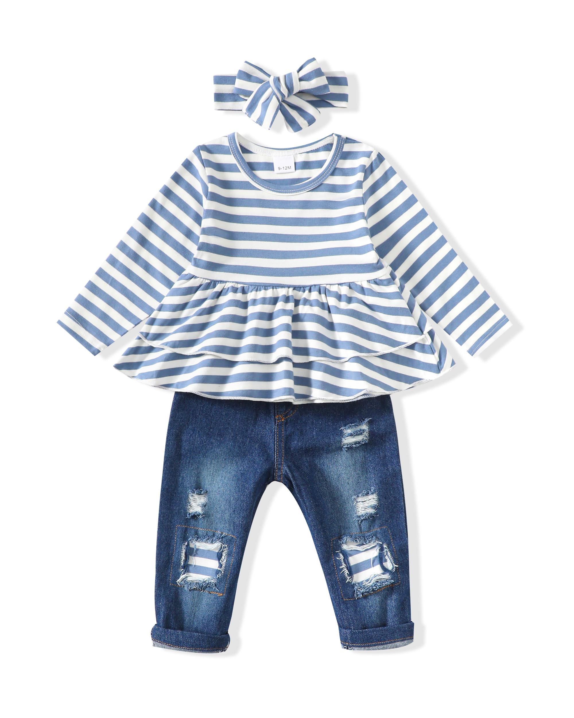 SODLON Baby Girl Clothes 12 18 Months Infant Winter Clothing 18 Months Girl Clothes Fall Toddler 12 Month Girls Clothes Ruffle Striped Top Ripped Denim Pants Jeans Outfits Sets for Girls Blue