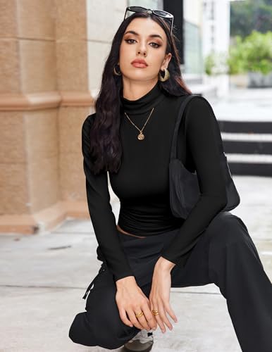 Ekouaer Women's Turtleneck Long Sleeve Shirts Fall Fashion Lightweight Base Layer Solid Slim Fit Thermal Underwear Tops Black XL