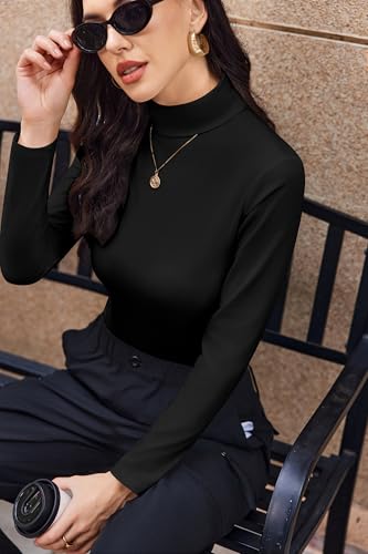 Ekouaer Women's Turtleneck Long Sleeve Shirts Fall Fashion Lightweight Base Layer Solid Slim Fit Thermal Underwear Tops Black XL