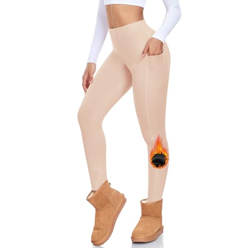 MOREFEEL Fleece Lined Leggings with Pockets for Women High Waisted Thermal Winter Tummy Control Yoga Pants Workout Tights Khaki