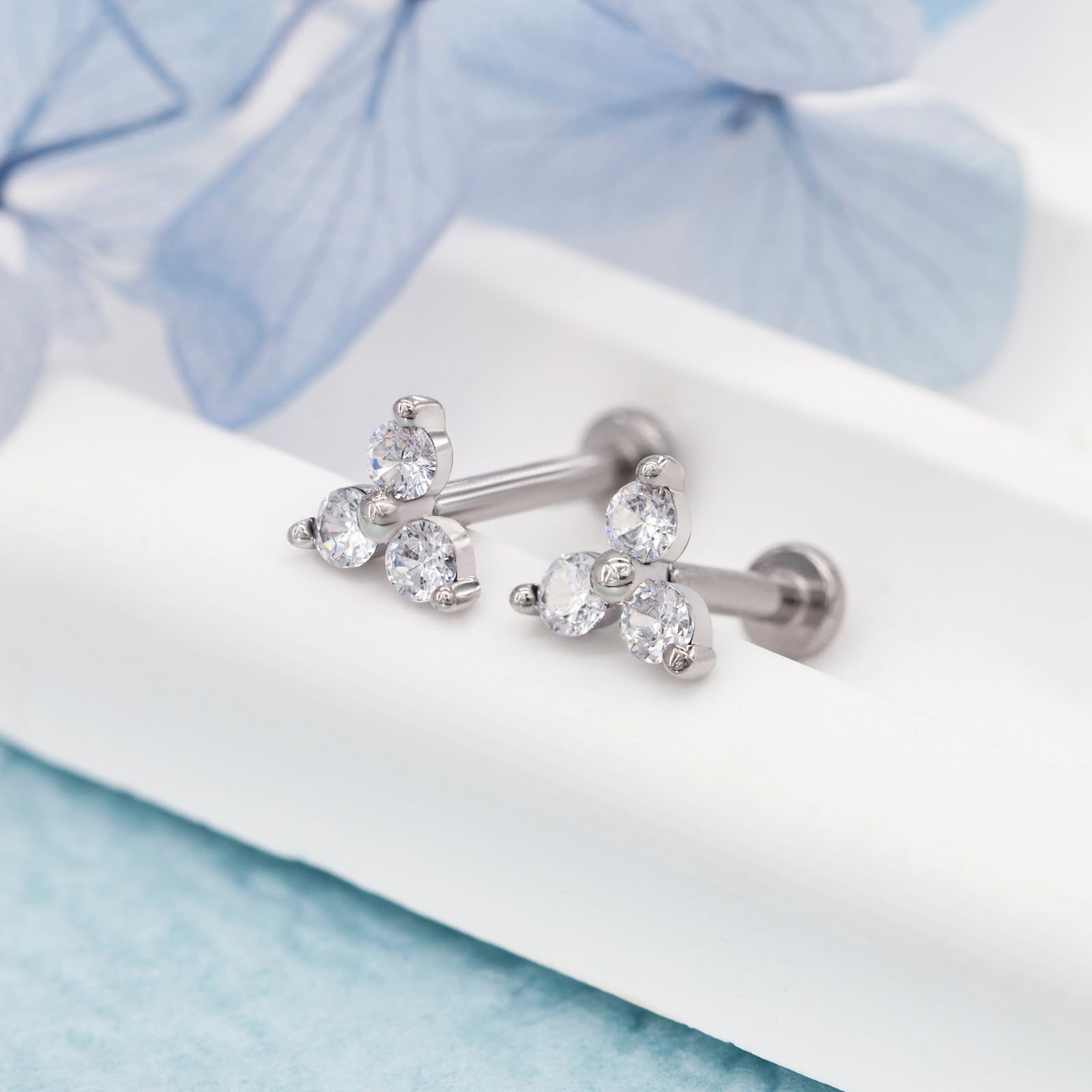 Designfy 14K White Gold Threadless Earring Top Push in Triple Clear CZ Flat Back Nose Stud Threadless Cartilage Earring Helix Stud Tragus Piercing Jewelry for Women Men 6mm