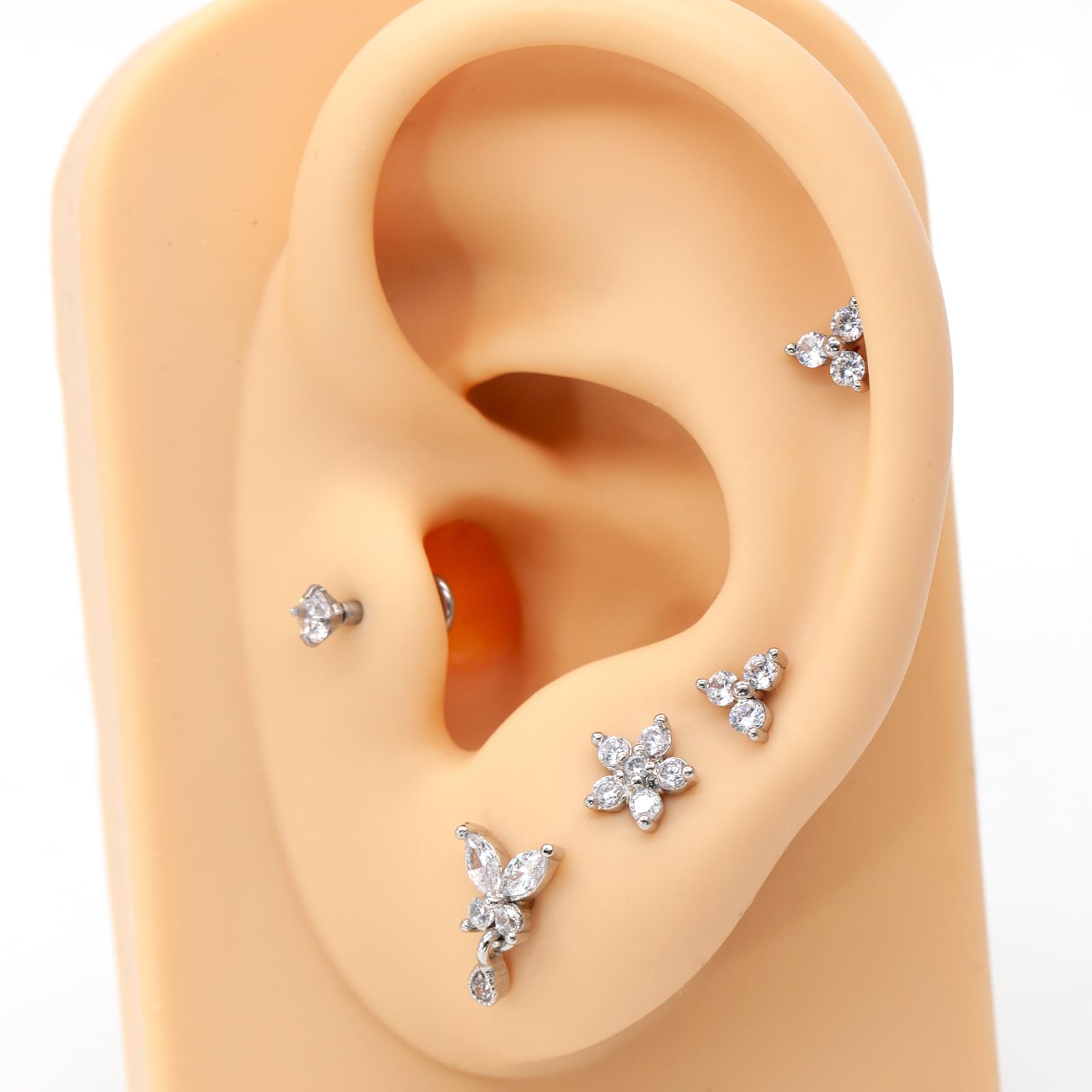 Designfy 14K White Gold Threadless Earring Top Push in Triple Clear CZ Flat Back Nose Stud Threadless Cartilage Earring Helix Stud Tragus Piercing Jewelry for Women Men 6mm