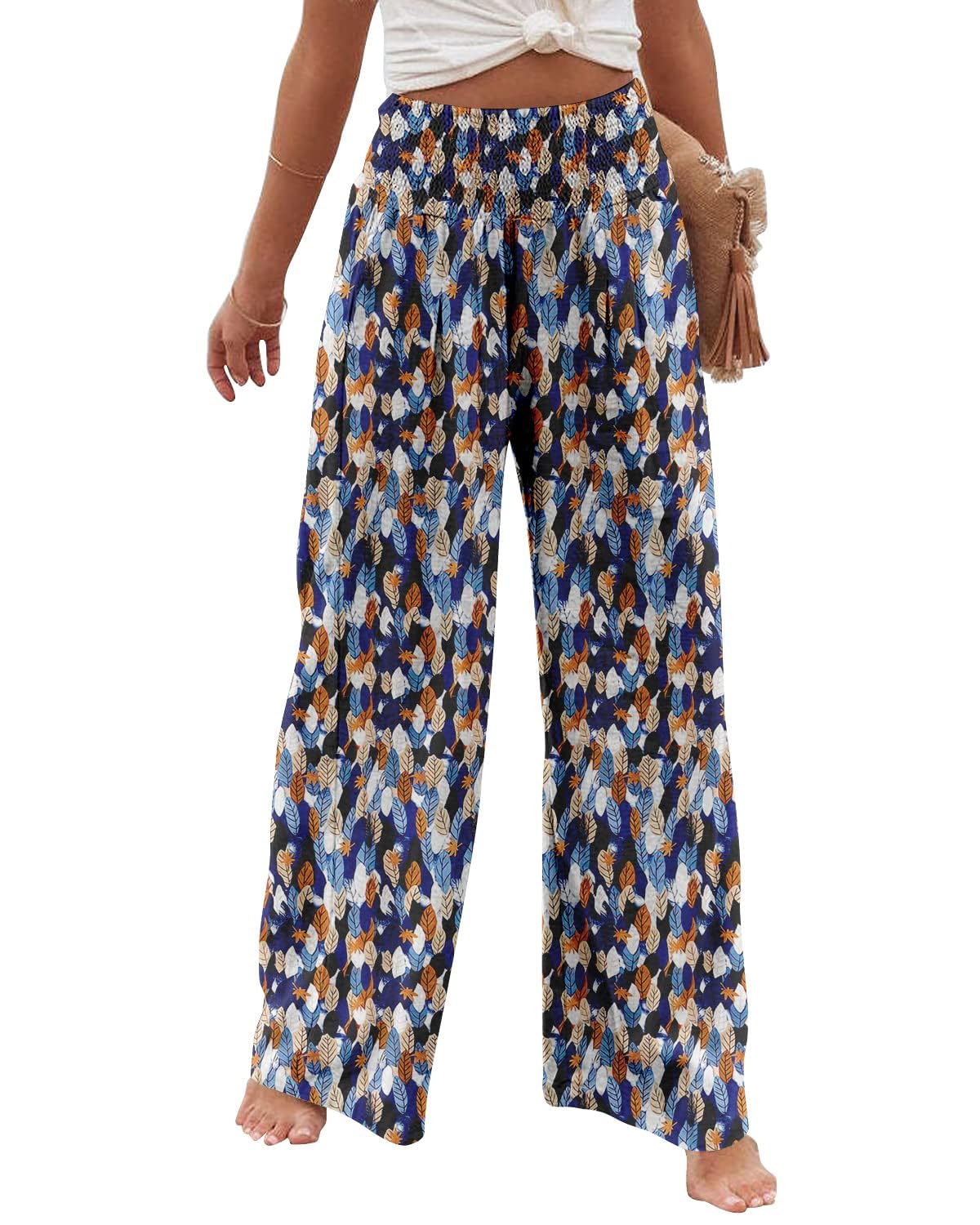 Batehif Womens Palazzo Pants Casual Linen Wide Leg Lounge Pant Elastic High Waisted Long Trousers