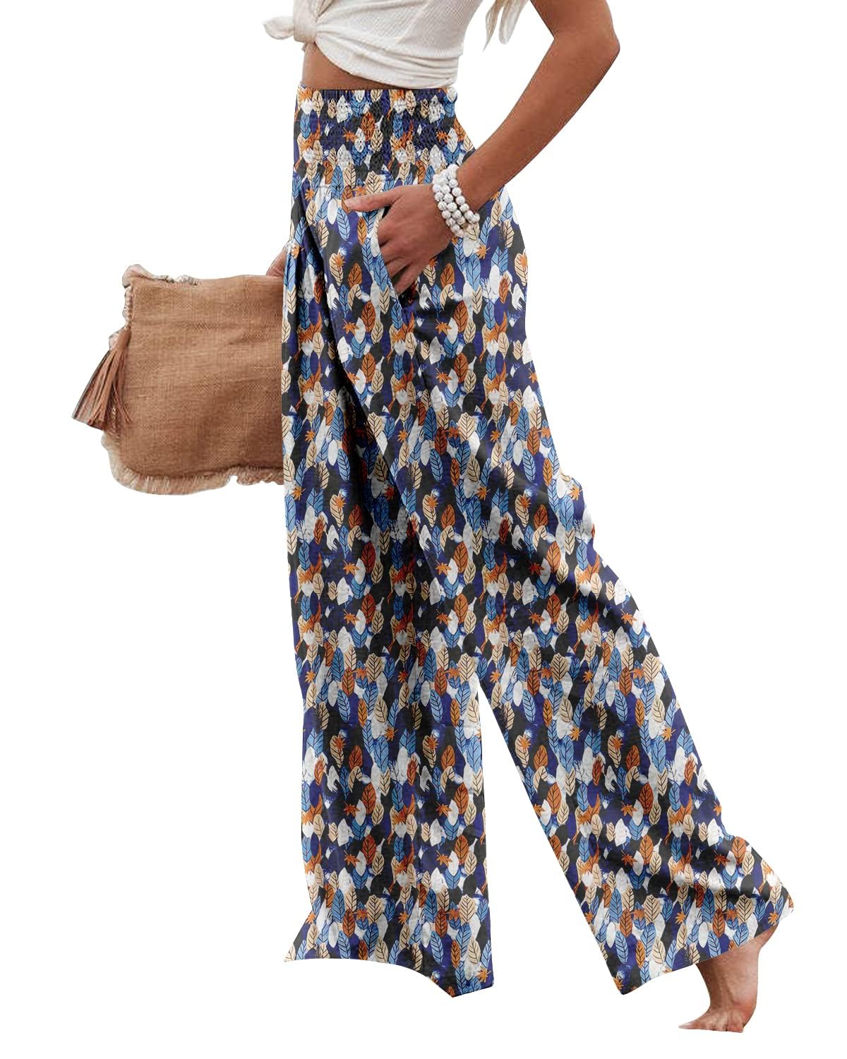 Batehif Womens Palazzo Pants Casual Linen Wide Leg Lounge Pant Elastic High Waisted Long Trousers