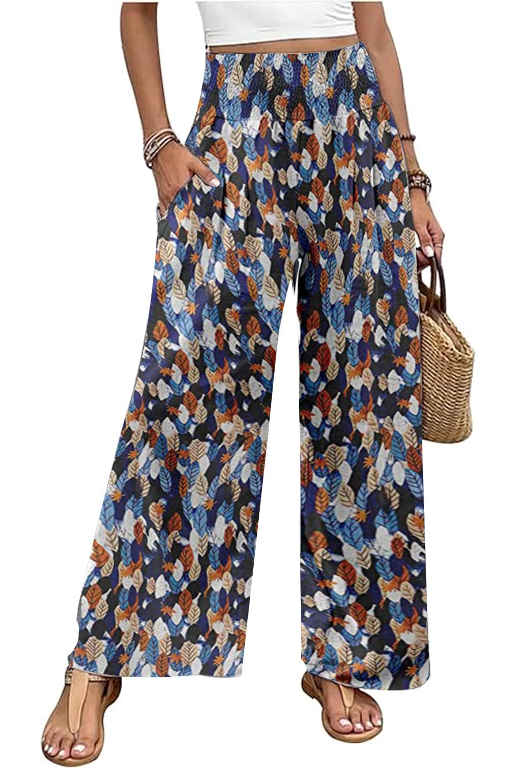 Batehif Womens Palazzo Pants Casual Linen Wide Leg Lounge Pant Elastic High Waisted Long Trousers
