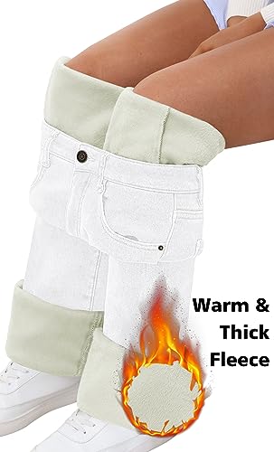 KDF Women's Flare Fleece Lined Jeans Thermal Fleece High Waisted Bell Bottom Jeans Winter Warm Fleece Pants 8,White