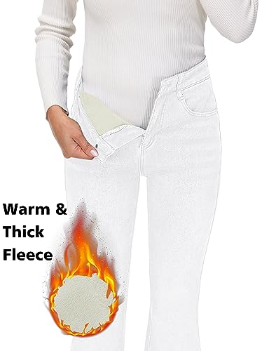 KDF Women's Flare Fleece Lined Jeans Thermal Fleece High Waisted Bell Bottom Jeans Winter Warm Fleece Pants 8,White