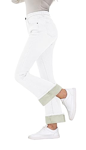 KDF Women's Flare Fleece Lined Jeans Thermal Fleece High Waisted Bell Bottom Jeans Winter Warm Fleece Pants 8,White