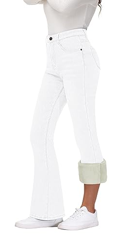 KDF Women's Flare Fleece Lined Jeans Thermal Fleece High Waisted Bell Bottom Jeans Winter Warm Fleece Pants 8,White