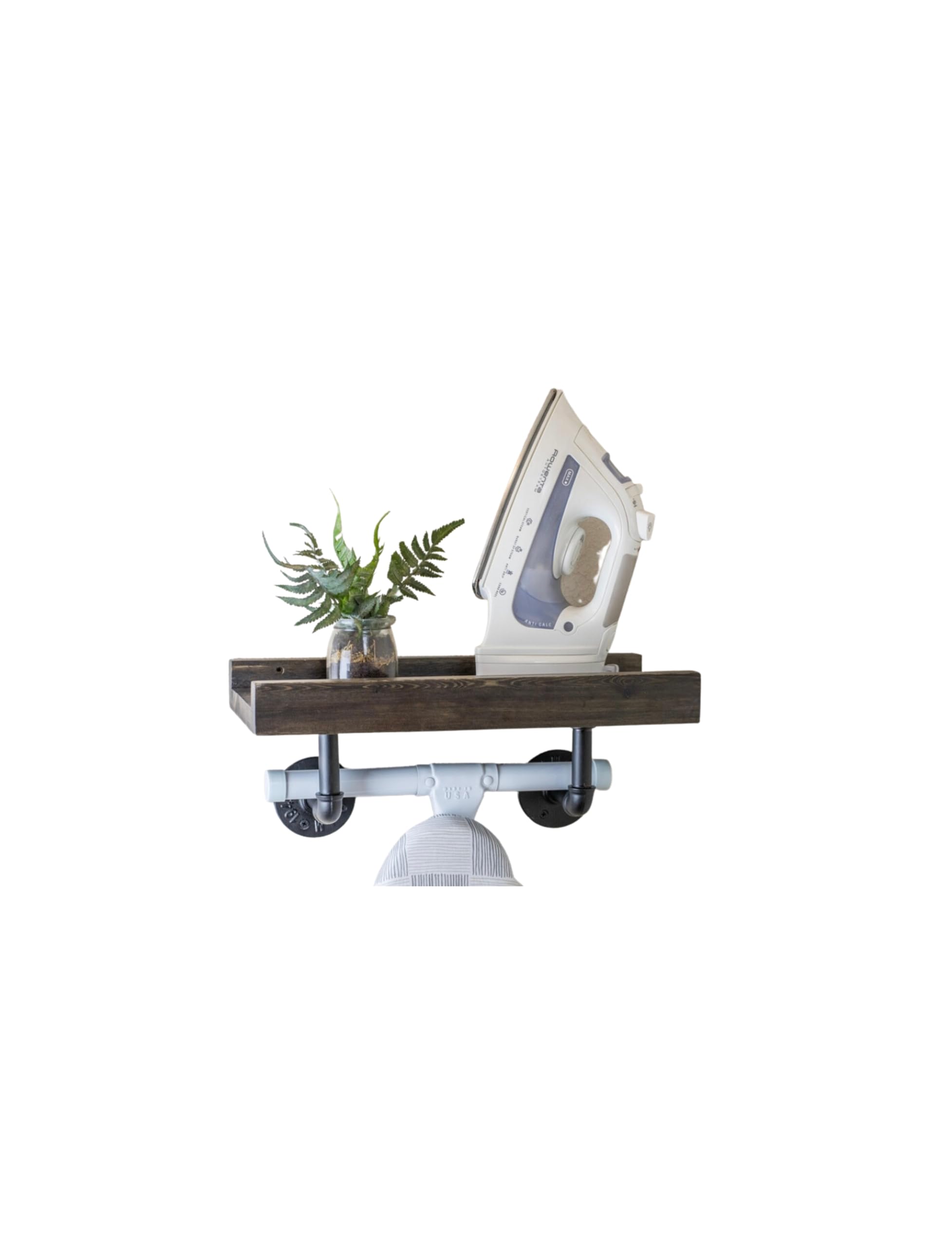 Ironing Board Holder Wall Mount - Heavy Duty Wood Shelf w/Metal Pipe Brackets - Hanging Ironing Board - Farmhouse Style Ironing Board Hanger - Wall Mounted Ironing Board - Iron Board Wall Mount