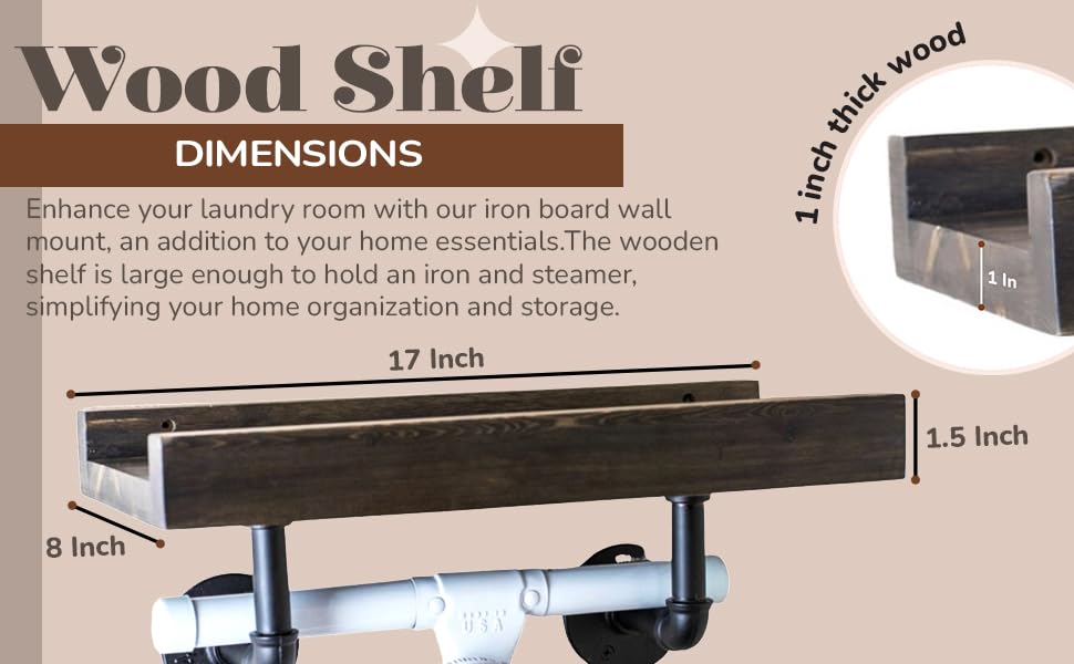 Ironing Board Holder Wall Mount - Heavy Duty Wood Shelf w/Metal Pipe Brackets - Hanging Ironing Board - Farmhouse Style Ironing Board Hanger - Wall Mounted Ironing Board - Iron Board Wall Mount
