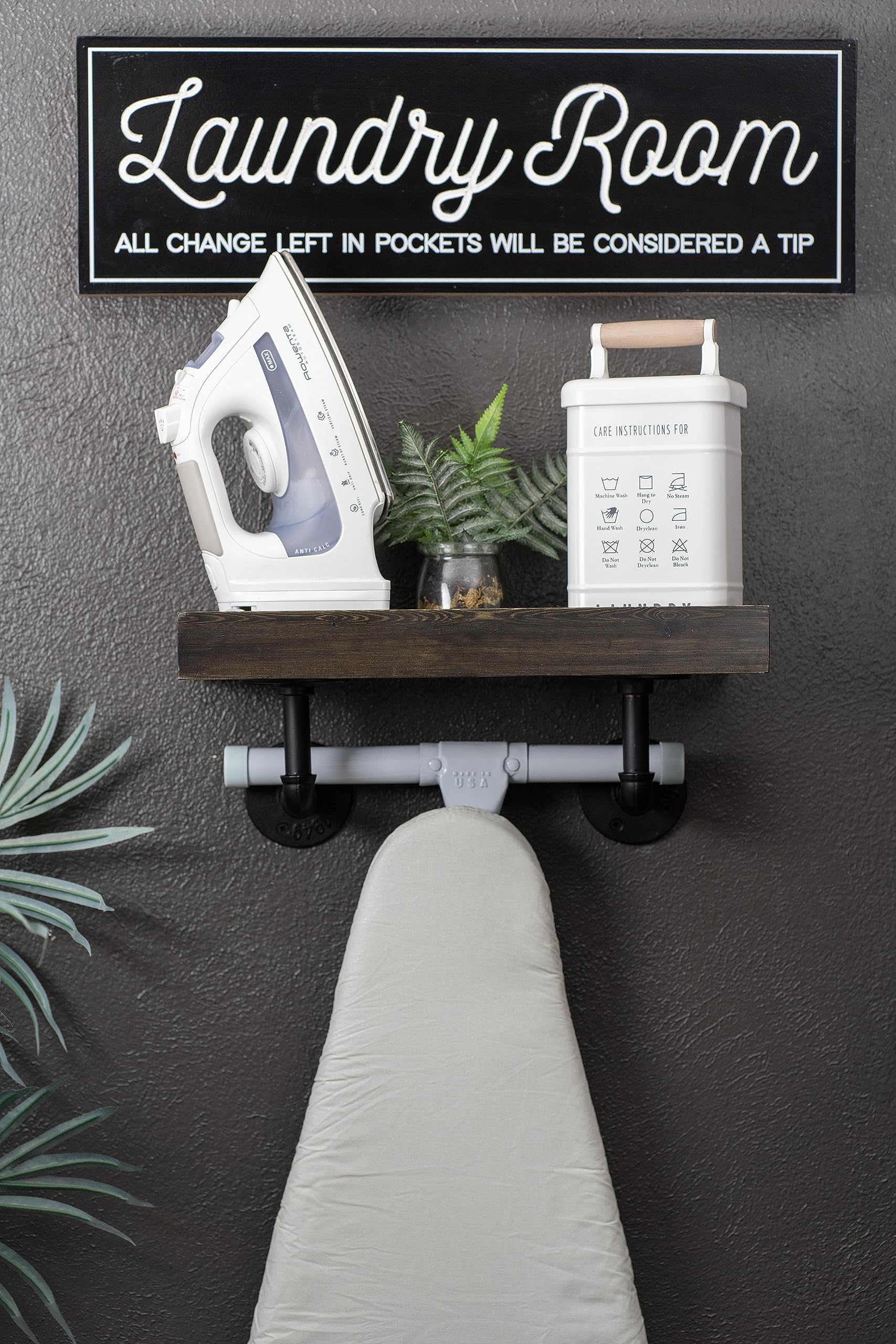 Ironing Board Holder Wall Mount - Heavy Duty Wood Shelf w/Metal Pipe Brackets - Hanging Ironing Board - Farmhouse Style Ironing Board Hanger - Wall Mounted Ironing Board - Iron Board Wall Mount