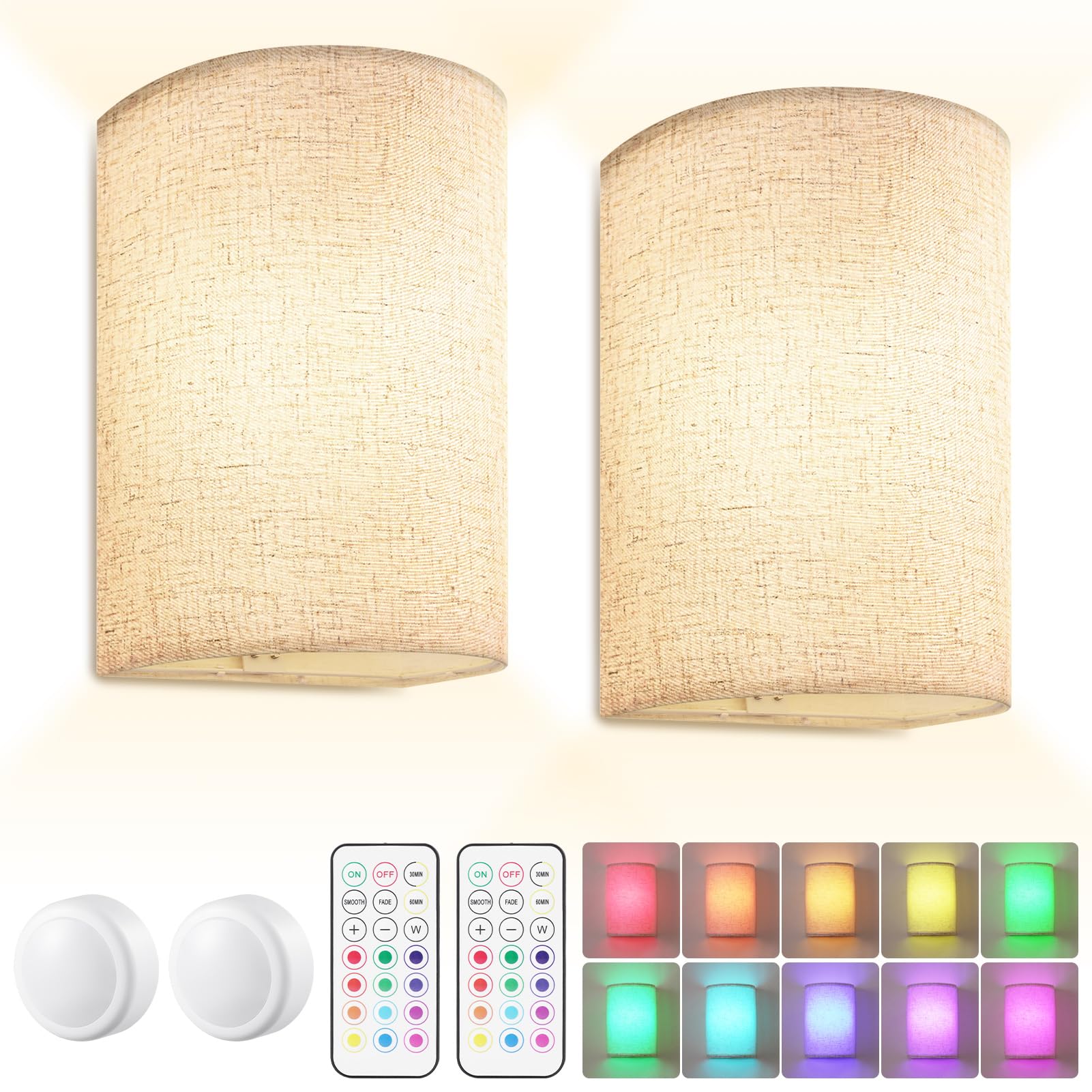 Facaimo RGB Wall Sconces Set of Two, Battery Rechargeable Wall Lighting with Remote Control, Cordless Wall Lamp Sconces Dimmable Magnetic Wall Sconce for Bedroom Living Room Hallway