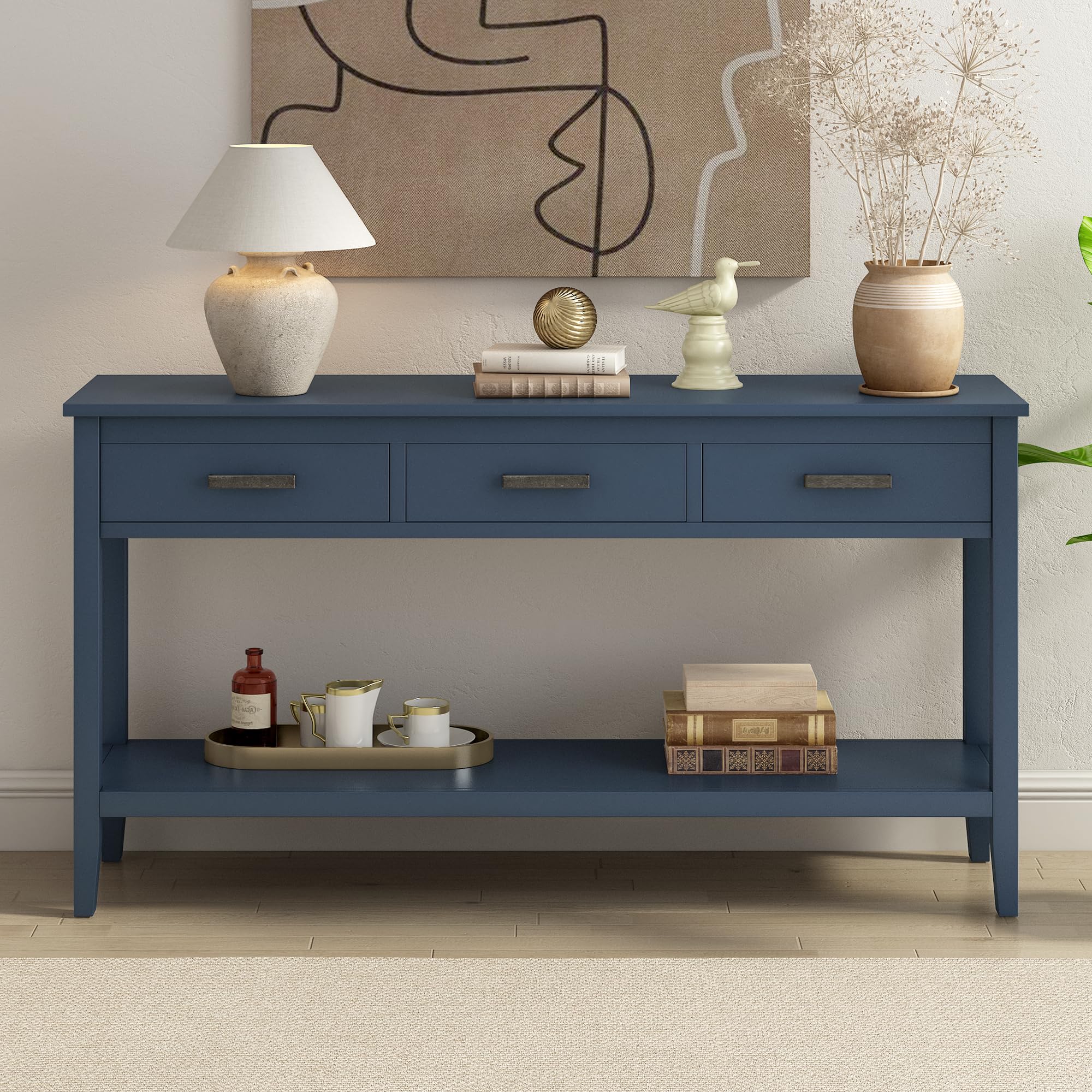 Modern 3-Drawer Console Table with 1 Shelf,Solid Wood Entryway Sofa Side Table for Hallway, Living Room, Foyer, Corridor, Easy to Assemble (Blue#3-Drawer)