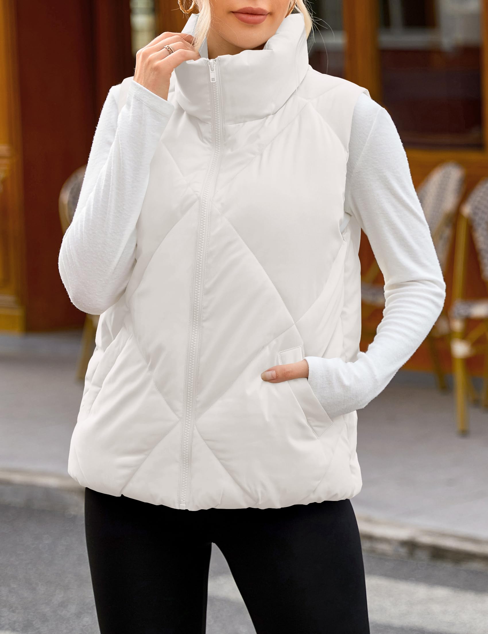MEROKEETY Womens Puffer Vest Sleeveless Zip Up Quilted Coat Lightweight Stand Collar Gilet Jacket With Pockets White Large