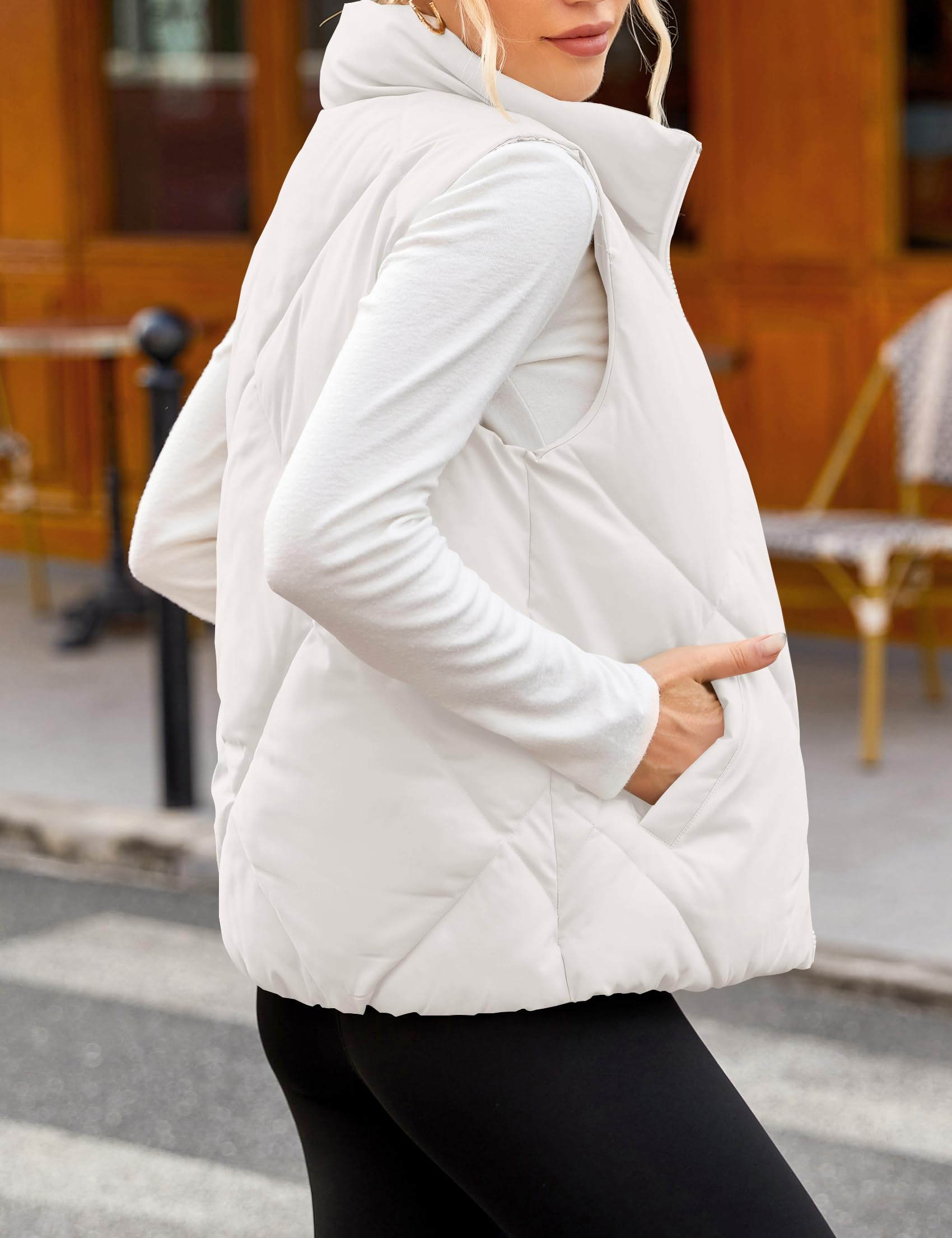 MEROKEETY Womens Puffer Vest Sleeveless Zip Up Quilted Coat Lightweight Stand Collar Gilet Jacket With Pockets White Large