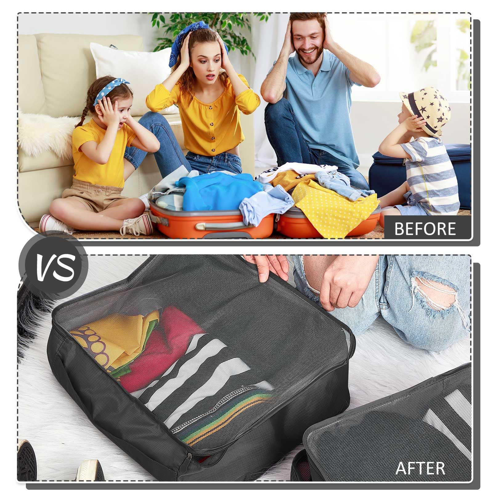 Silkfly 12 Pcs Packing Cubes for Suitcase Travel Luggage Bags Bulk Mesh Organizer Set for Hiking Camping Backpacking Clothes Accessories (Black,XL, L, M Size)