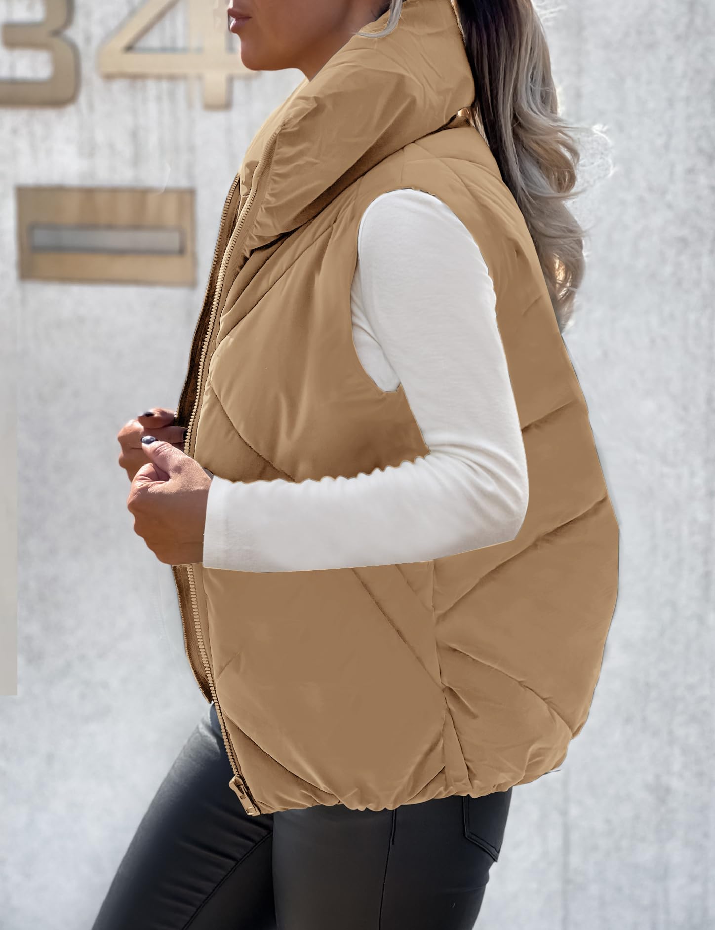 MEROKEETY Womens Puffer Vest Sleeveless Zip Up Quilted Coat Lightweight Stand Collar Gilet Jacket With Pockets Khaki Medium