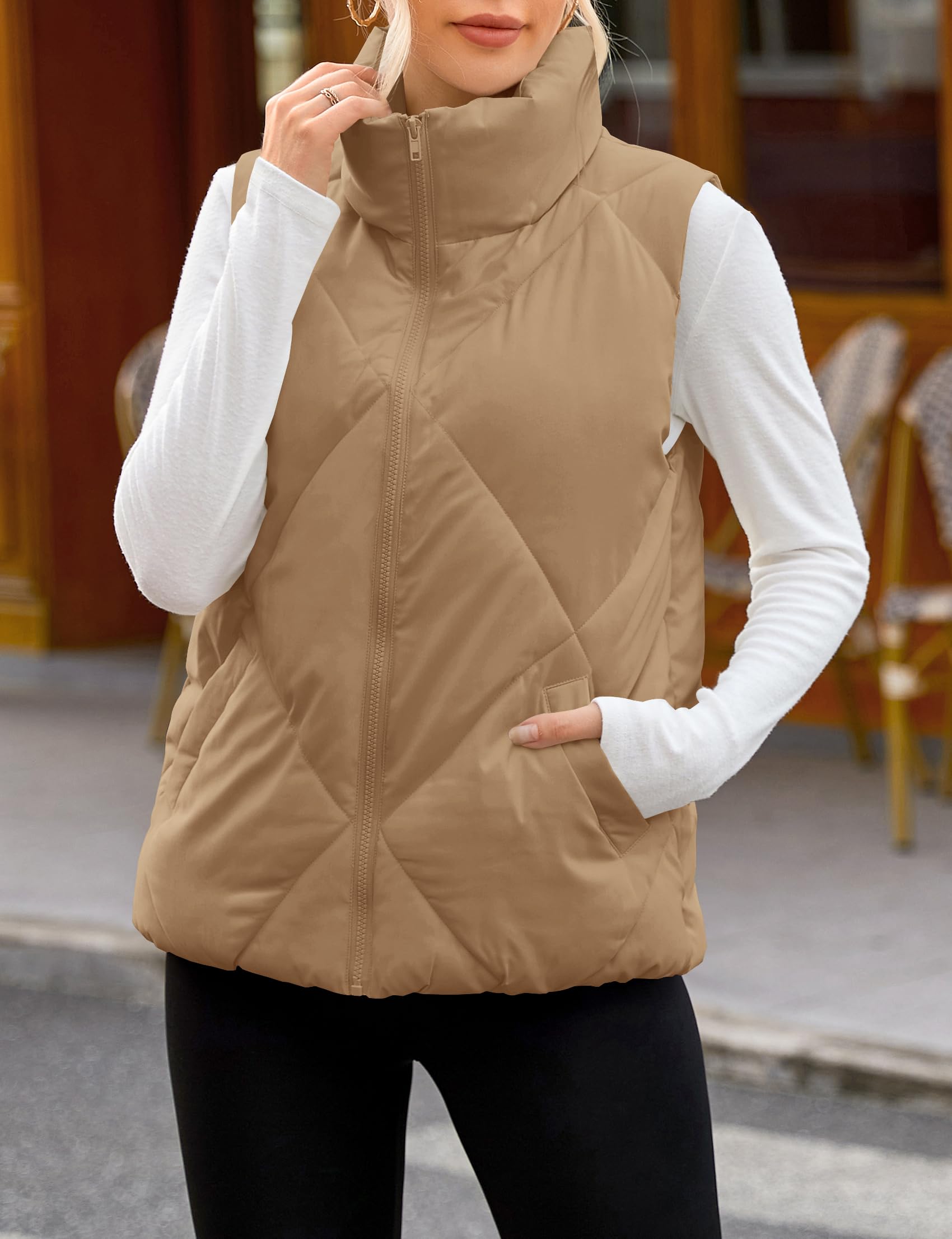 MEROKEETY Womens Puffer Vest Sleeveless Zip Up Quilted Coat Lightweight Stand Collar Gilet Jacket With Pockets Khaki Medium