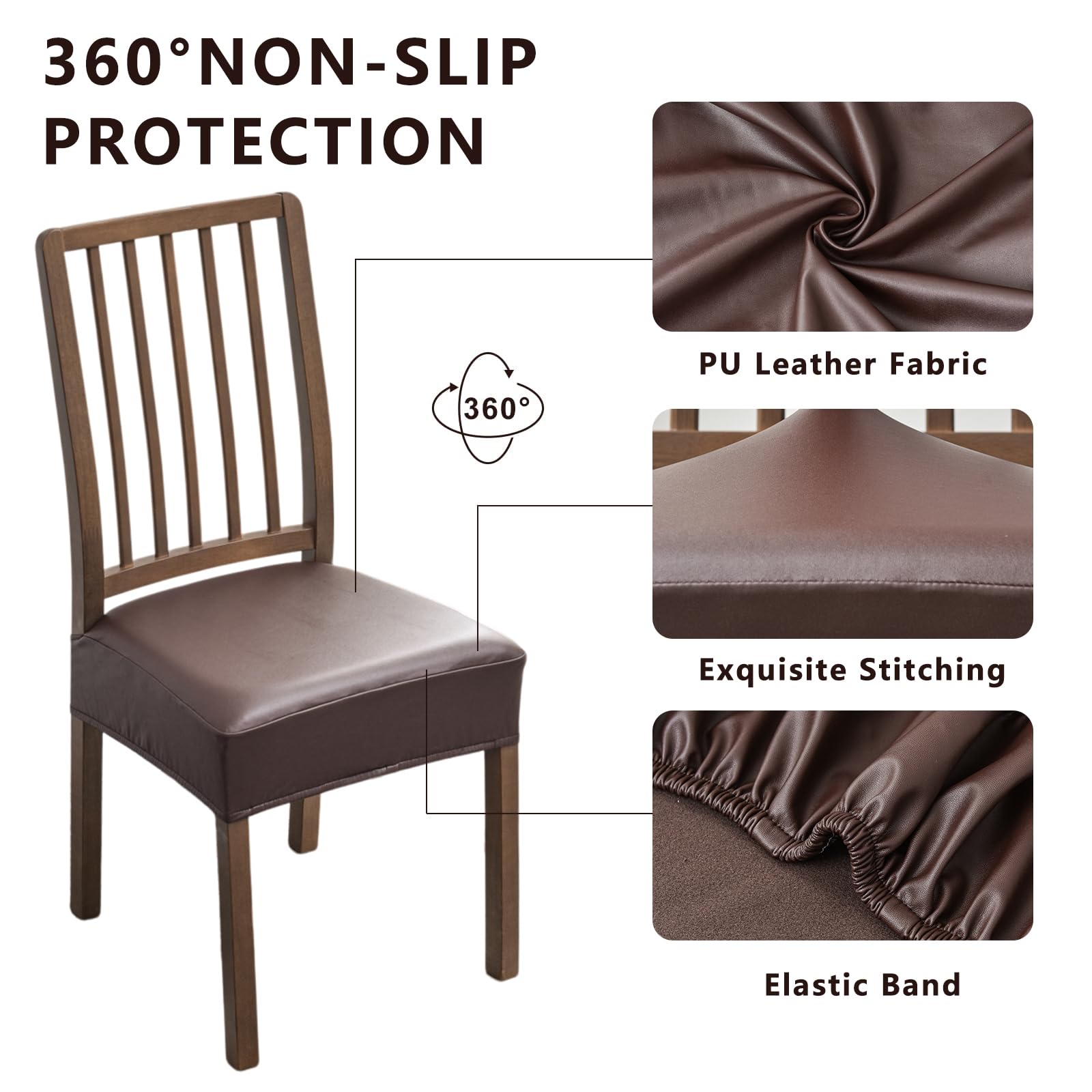 NILUOH Waterproof Seat Covers for Dining Room Chairs Set of 4, Pu Leather Chair Seat Slipcovers Dining Chair Cover Removable Washable Chair Protctor Cover, Rear Covers (PU-Coffee)