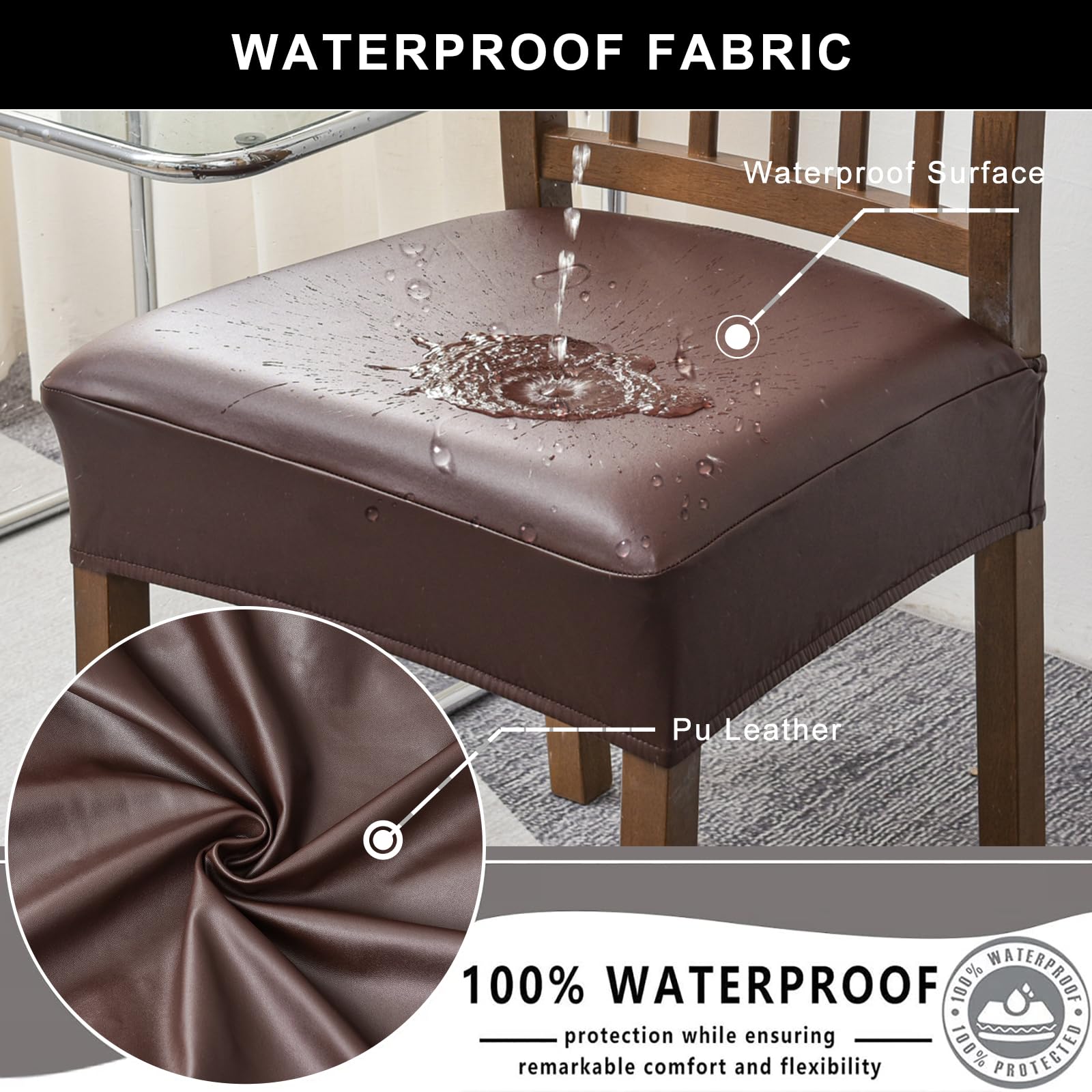 NILUOH Waterproof Seat Covers for Dining Room Chairs Set of 4, Pu Leather Chair Seat Slipcovers Dining Chair Cover Removable Washable Chair Protctor Cover, Rear Covers (PU-Coffee)