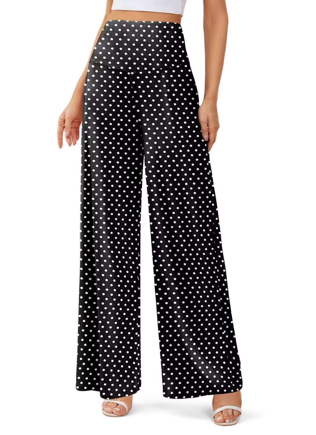 JZC Women's Casual Palazzo Pants Print Wide Leg Palazzo Lounge Pants High Waist Flowy Pants Wavelet Points Medium