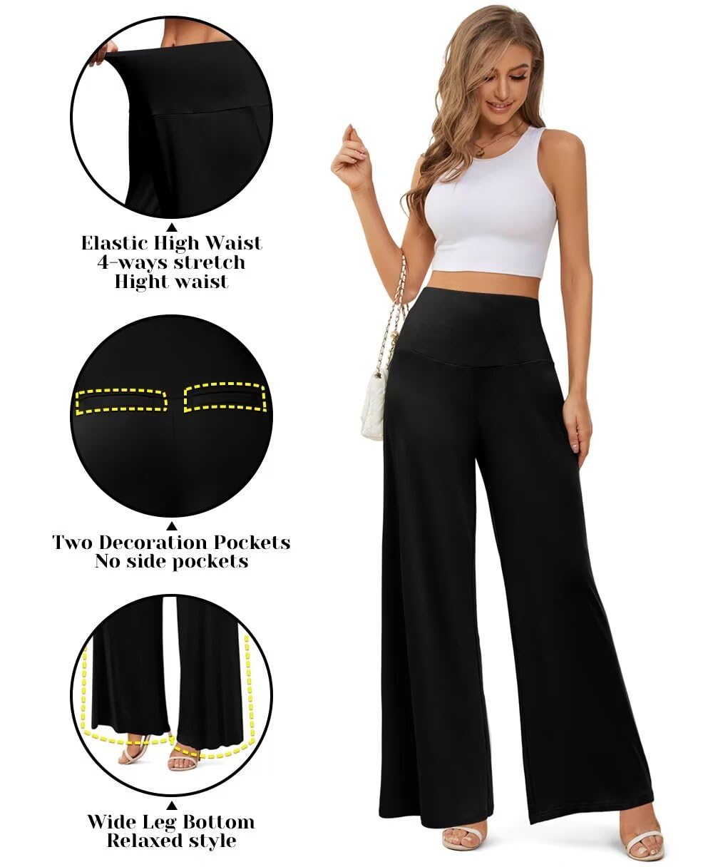 JZC Women's Palazzo Lounge Pants Stretchy 2025 Wide Leg Casual Pants Comfy High Waist Flowy Pants Black Small