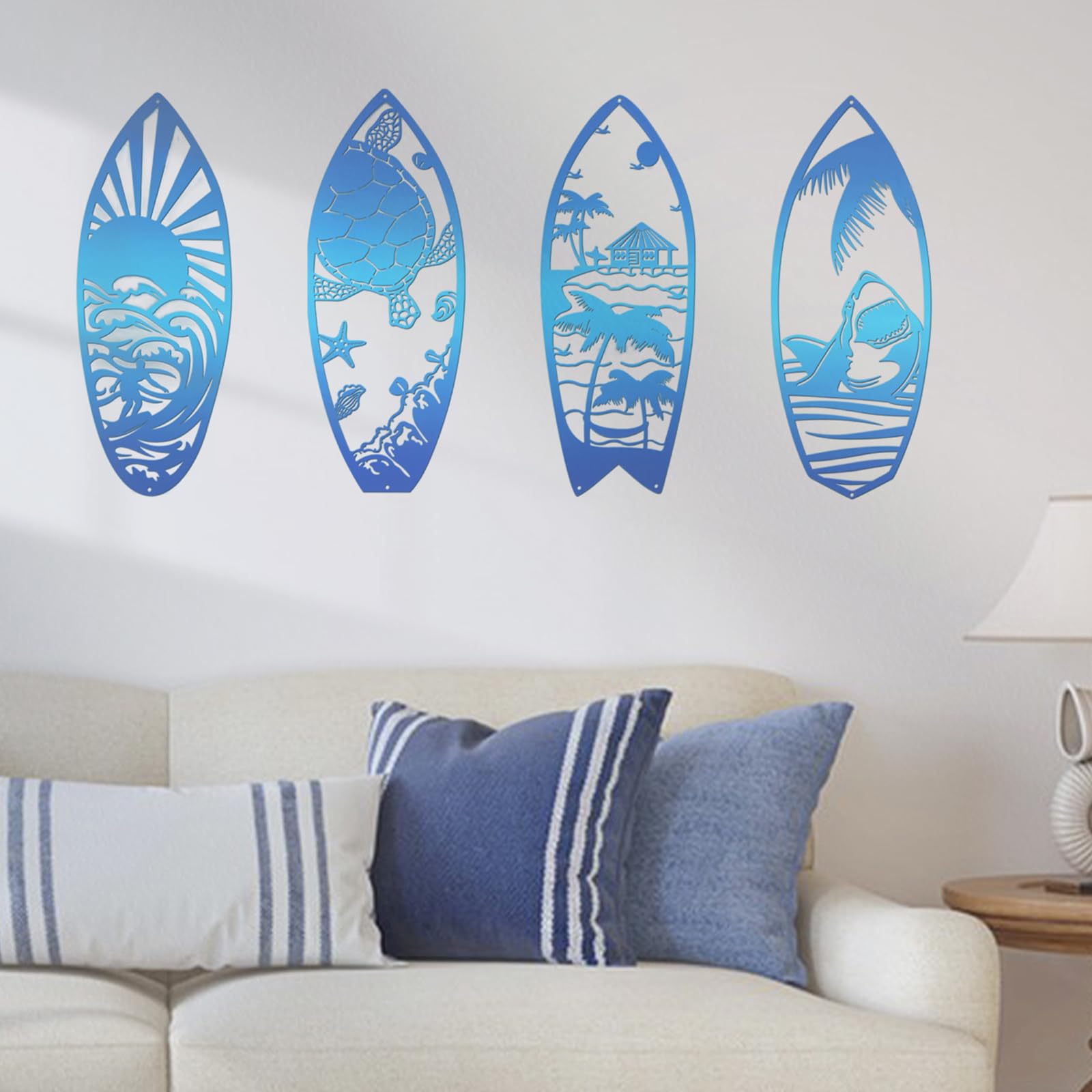 4Pcs Metal Surf Board Wall Decor Summer Surfboard Beach Signs Shark Palm Tree Wall Art Tropical Wall Decor Hanging Coastal Wall Decor Sea Turtle Wall Decoration for Wall Door (Blue)