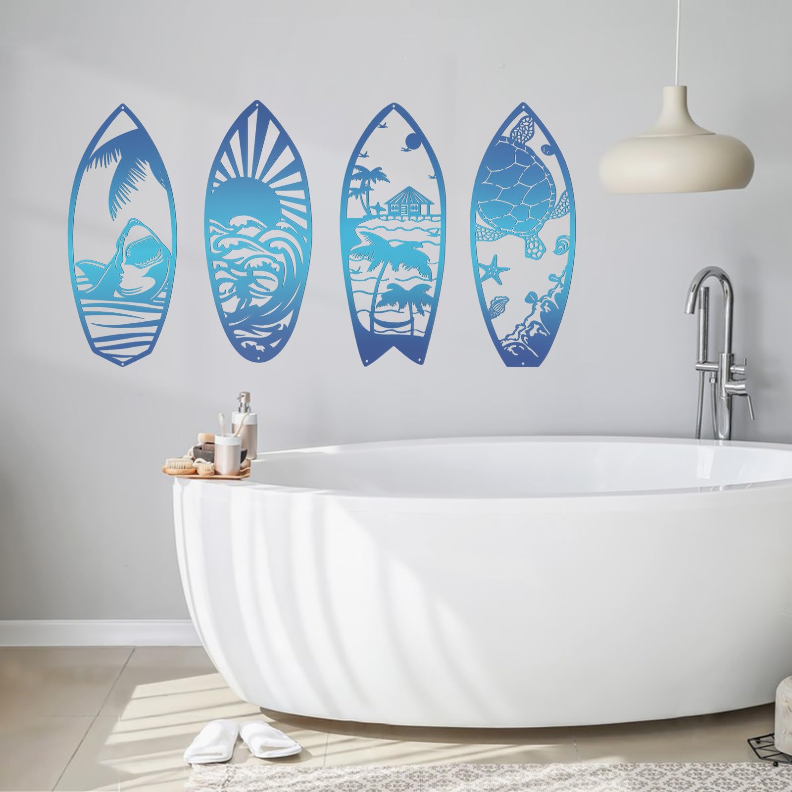 4Pcs Metal Surf Board Wall Decor Summer Surfboard Beach Signs Shark Palm Tree Wall Art Tropical Wall Decor Hanging Coastal Wall Decor Sea Turtle Wall Decoration for Wall Door (Blue)
