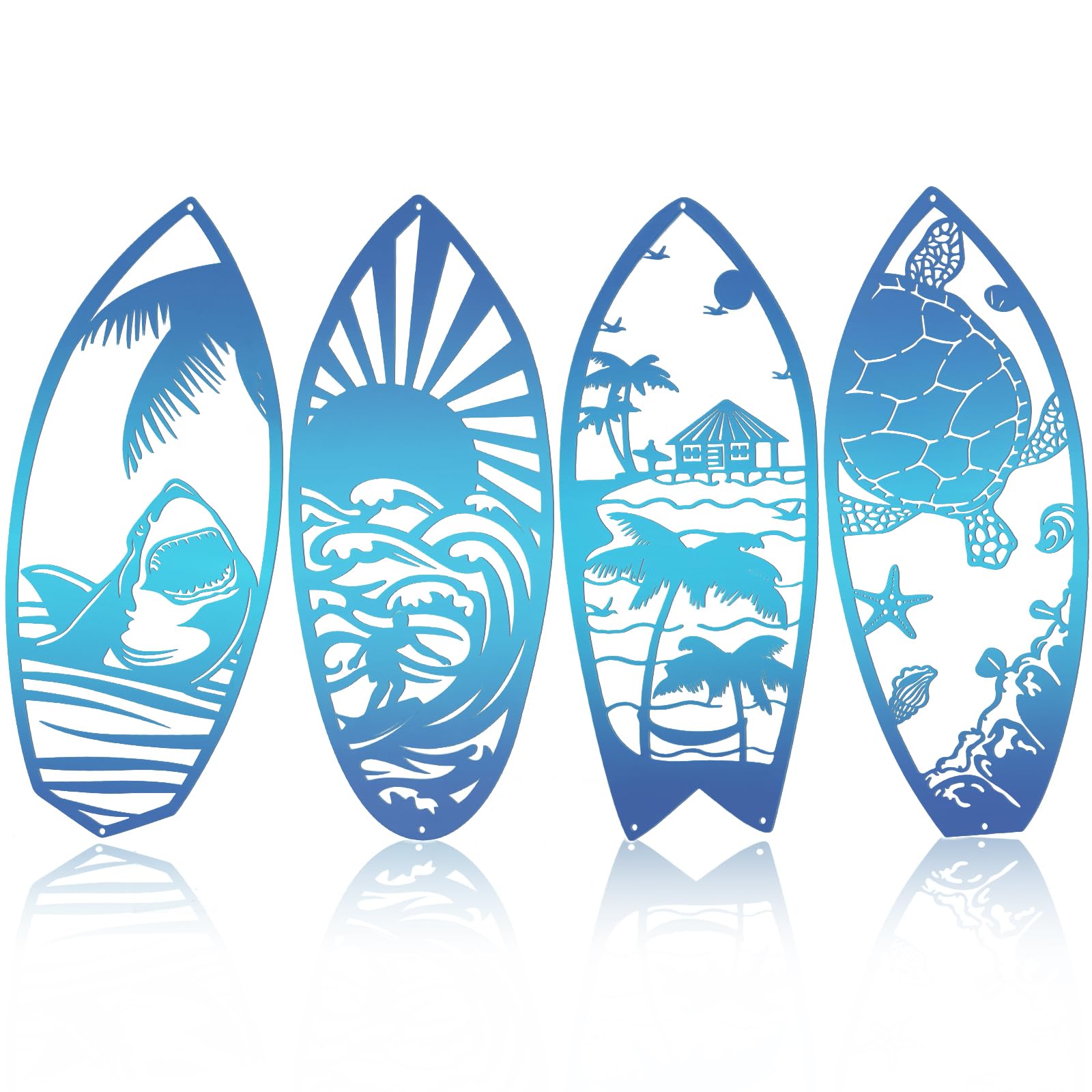 4Pcs Metal Surf Board Wall Decor Summer Surfboard Beach Signs Shark Palm Tree Wall Art Tropical Wall Decor Hanging Coastal Wall Decor Sea Turtle Wall Decoration for Wall Door (Blue)
